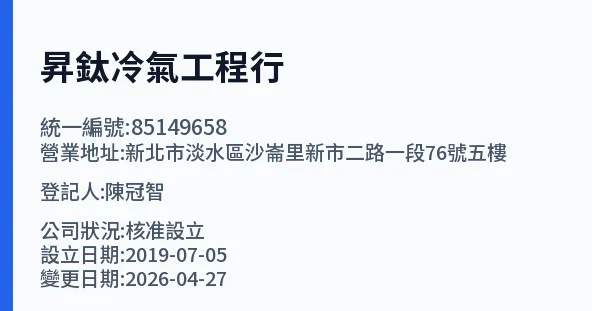 昇鈦冷氣工程行的照片-統編 85149658(新北市) 公司登記資料與營業項目詳細圖表