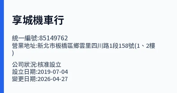 享城機車行的照片-統編 85149762(新北市) 公司登記資料與營業項目詳細圖表