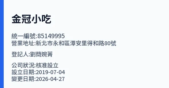 金冠小吃的照片-統編 85149995(新北市) 公司登記資料與營業項目詳細圖表