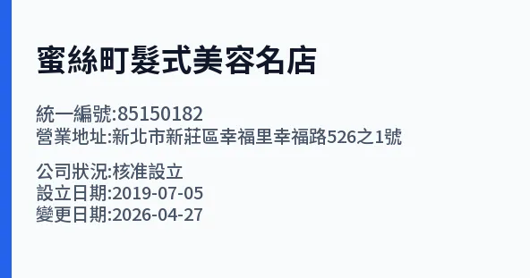 蜜絲町髮式美容名店的照片-統編 85150182(新北市) 公司登記資料與營業項目詳細圖表