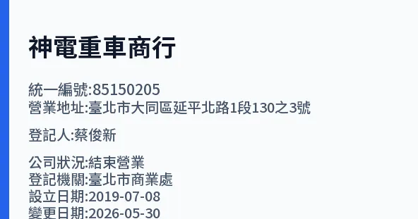 神電重車商行的照片-統編 85150205(臺北市) 公司登記資料與營業項目詳細圖表