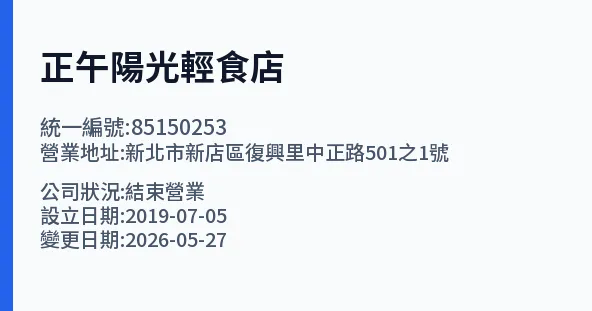 正午陽光輕食店的照片-統編 85150253(新北市) 公司登記資料與營業項目詳細圖表