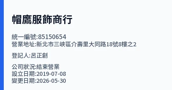 帽鷹服飾商行的照片-統編 85150654(新北市) 公司登記資料與營業項目詳細圖表