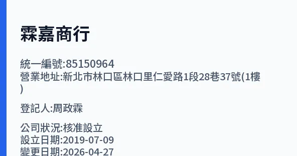 霖嘉商行的照片-統編 85150964(新北市) 公司登記資料與營業項目詳細圖表