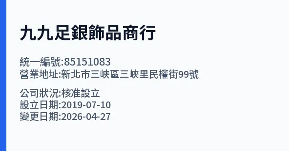 九九足銀飾品商行的照片-統編 85151083(新北市) 公司登記資料與營業項目詳細圖表