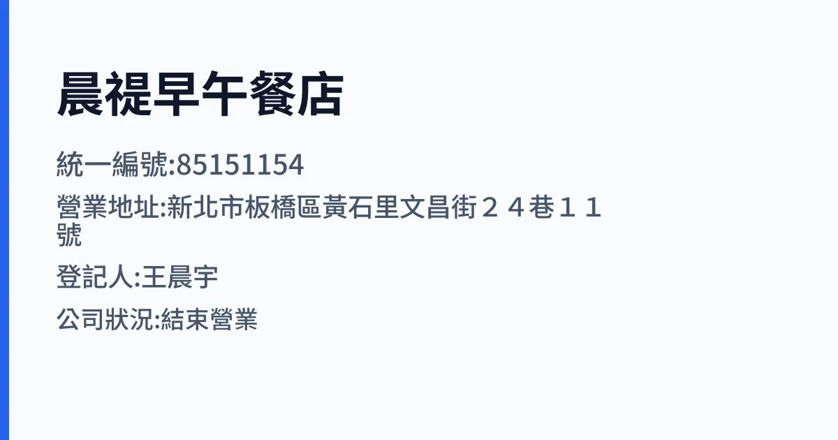 晨禔早午餐店 - 統編 85151154(新北市) 公司登記資料與營業項目詳細圖表