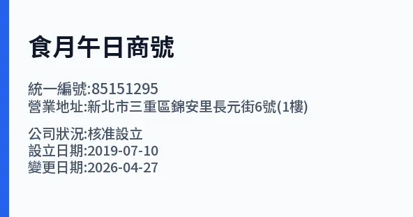 食月午日商號的照片-統編 85151295(新北市) 公司登記資料與營業項目詳細圖表