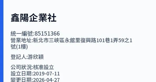 鑫陽企業社的照片-統編 85151366(新北市) 公司登記資料與營業項目詳細圖表