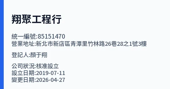 翔聚工程行的照片-統編 85151470(新北市) 公司登記資料與營業項目詳細圖表