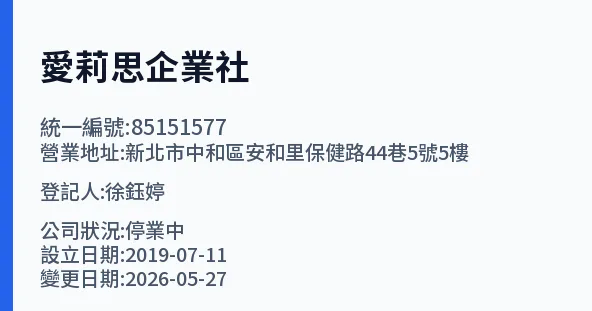 愛莉思企業社的照片-統編 85151577(新北市) 公司登記資料與營業項目詳細圖表