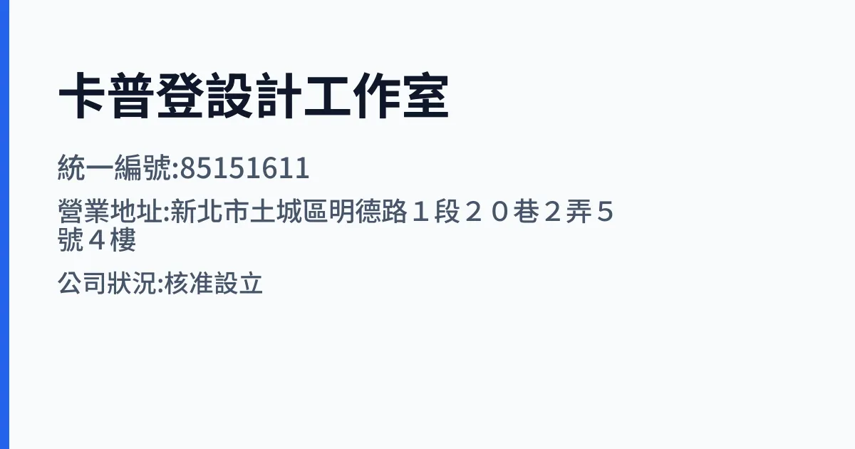 卡普登設計工作室 - 統編 85151611(新北市) 公司登記資料與營業項目詳細圖表