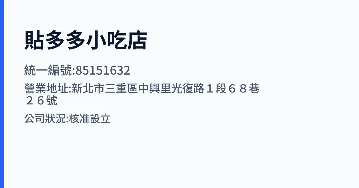 貼多多小吃店 - 統編 85151632(新北市) 公司登記資料與營業項目詳細圖表