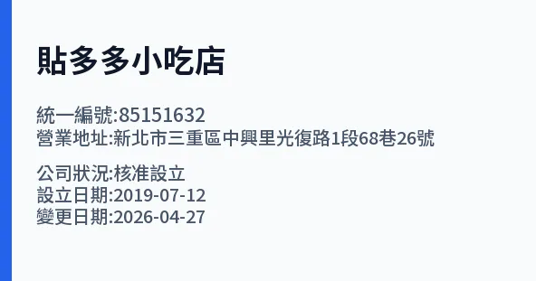 貼多多小吃店的照片-統編 85151632(新北市) 公司登記資料與營業項目詳細圖表