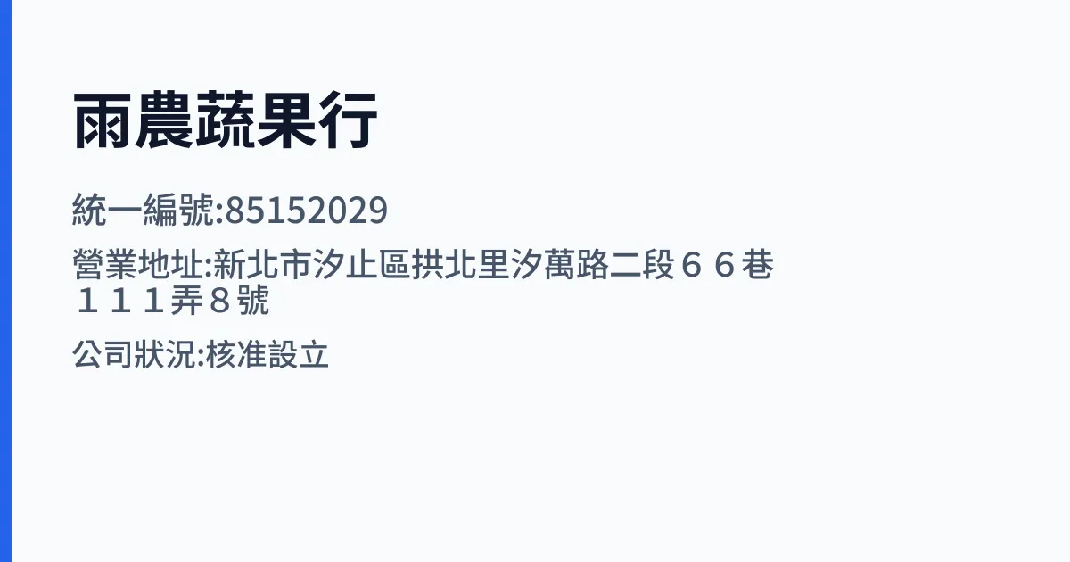 雨農蔬果行 - 統編 85152029(新北市) 公司登記資料與營業項目詳細圖表