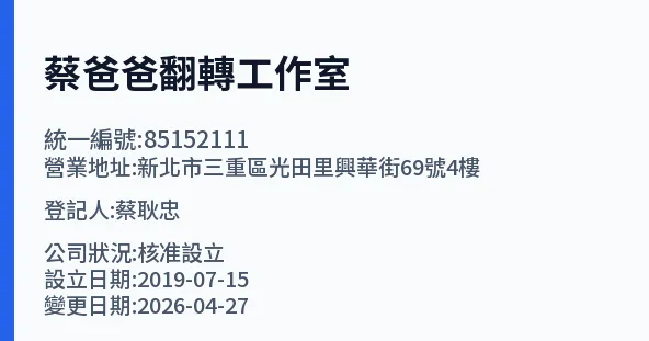 蔡爸爸翻轉工作室的照片-統編 85152111(新北市) 公司登記資料與營業項目詳細圖表
