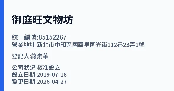 御庭旺文物坊的照片-統編 85152267(新北市) 公司登記資料與營業項目詳細圖表