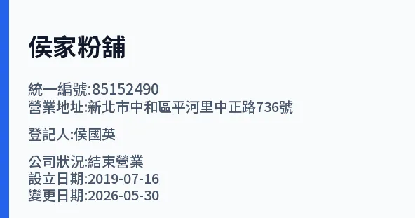 侯家粉舖的照片-統編 85152490(新北市) 公司登記資料與營業項目詳細圖表