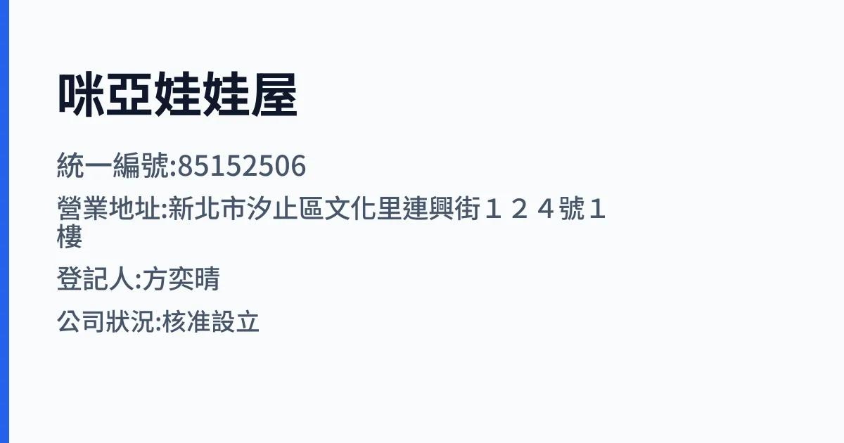 咪亞娃娃屋 - 統編 85152506(新北市) 公司登記資料與營業項目詳細圖表
