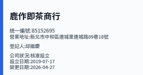 鹿作即茶商行的照片-統編 85152695(新北市) 公司登記資料與營業項目詳細圖表