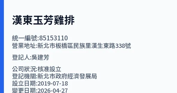 漢東玉芳雞排的照片-統編 85153110(新北市) 公司登記資料與營業項目詳細圖表