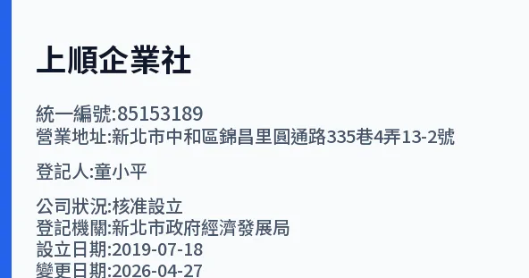 上順企業社的照片-統編 85153189(新北市) 公司登記資料與營業項目詳細圖表