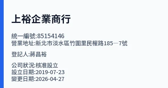 上裕企業商行的照片-統編 85154146(新北市) 公司登記資料與營業項目詳細圖表