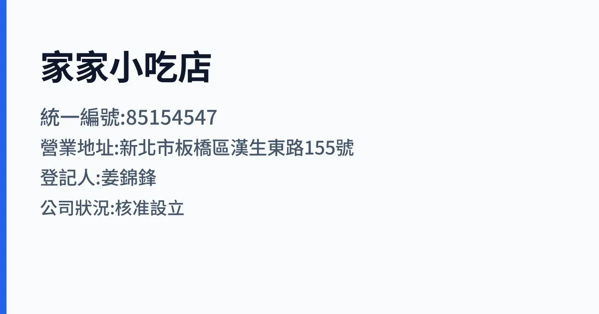 家家小吃店 - 統編 85154547(新北市) 公司登記資料與營業項目詳細圖表