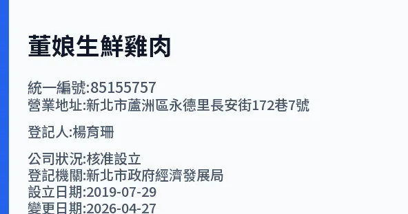 董娘生鮮雞肉的照片-統編 85155757(新北市) 公司登記資料與營業項目詳細圖表