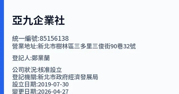 亞九企業社的照片-統編 85156138(新北市) 公司登記資料與營業項目詳細圖表