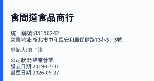 食間道食品商行的照片-統編 85156242(新北市) 公司登記資料與營業項目詳細圖表