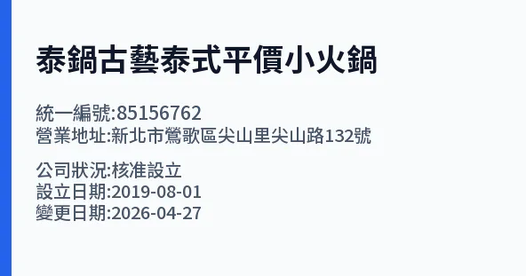 泰鍋古藝泰式平價小火鍋的照片-統編 85156762(新北市) 公司登記資料與營業項目詳細圖表