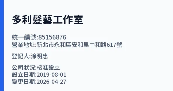 多利髮藝工作室的照片-統編 85156876(新北市) 公司登記資料與營業項目詳細圖表