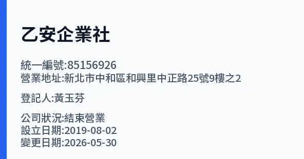 乙安企業社的照片-統編 85156926(新北市) 公司登記資料與營業項目詳細圖表
