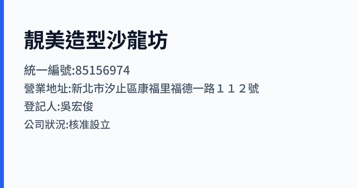 靚美造型沙龍坊 - 統編 85156974(新北市) 公司登記資料與營業項目詳細圖表