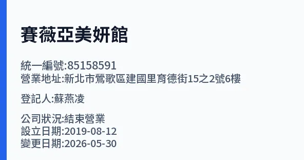 賽薇亞美妍館的照片-統編 85158591(新北市) 公司登記資料與營業項目詳細圖表