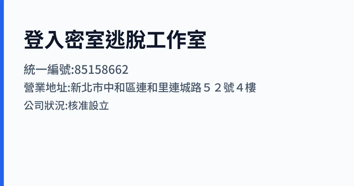 登入密室逃脫工作室 - 統編 85158662(新北市) 公司登記資料與營業項目詳細圖表