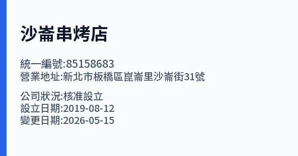沙崙串烤店的照片-統編 85158683(新北市) 公司登記資料與營業項目詳細圖表