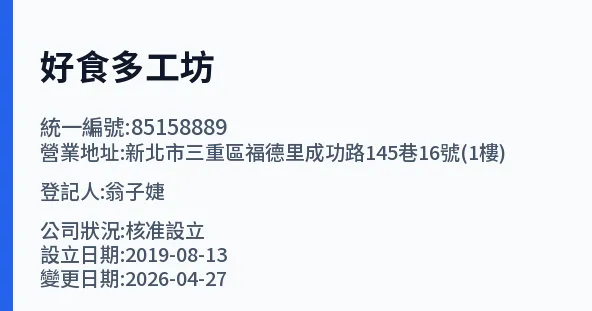 好食多工坊的照片-統編 85158889(新北市) 公司登記資料與營業項目詳細圖表