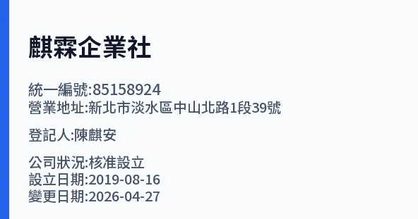 麒霖企業社的照片-統編 85158924(新北市) 公司登記資料與營業項目詳細圖表