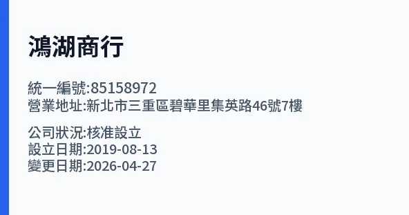 鴻湖商行的照片-統編 85158972(新北市) 公司登記資料與營業項目詳細圖表