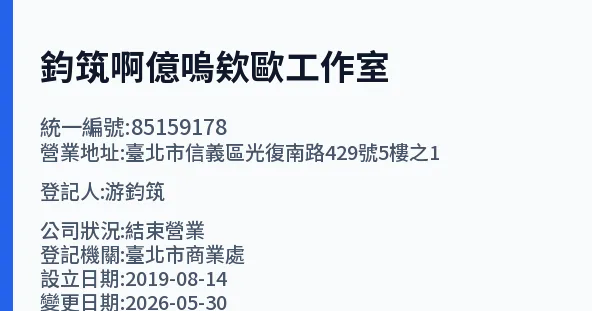 鈞筑啊億嗚欸歐工作室的照片-統編 85159178(臺北市) 公司登記資料與營業項目詳細圖表