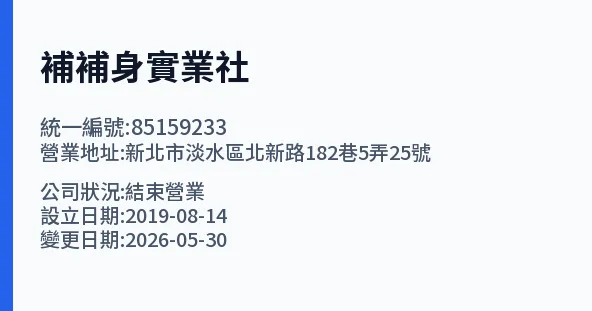 補補身實業社的照片-統編 85159233(新北市) 公司登記資料與營業項目詳細圖表