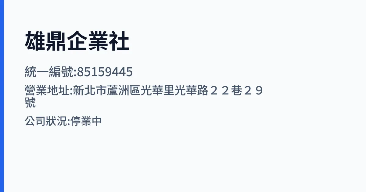 雄鼎企業社 - 統編 85159445(新北市) 公司登記資料與營業項目詳細圖表