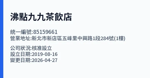 沸點九九茶飲店的照片-統編 85159661(新北市) 公司登記資料與營業項目詳細圖表