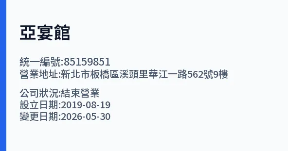亞宴館的照片-統編 85159851(新北市) 公司登記資料與營業項目詳細圖表