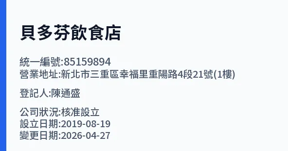 貝多芬飲食店的照片-統編 85159894(新北市) 公司登記資料與營業項目詳細圖表