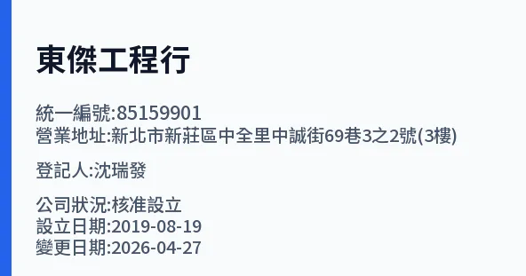 東傑工程行的照片-統編 85159901(新北市) 公司登記資料與營業項目詳細圖表