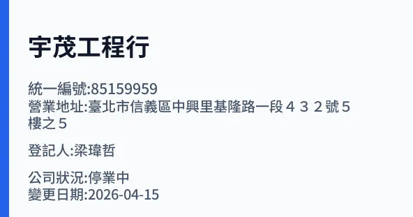 宇茂工程行的照片-統編 85159959(臺北市) 公司登記資料與營業項目詳細圖表