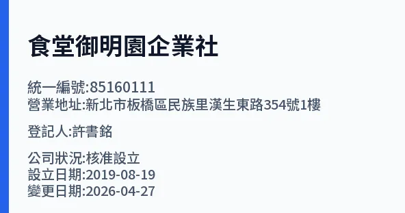 食堂御明園企業社的照片-統編 85160111(新北市) 公司登記資料與營業項目詳細圖表