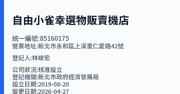 自由小雀幸選物販賣機店的照片-統編 85160175(新北市) 公司登記資料與營業項目詳細圖表